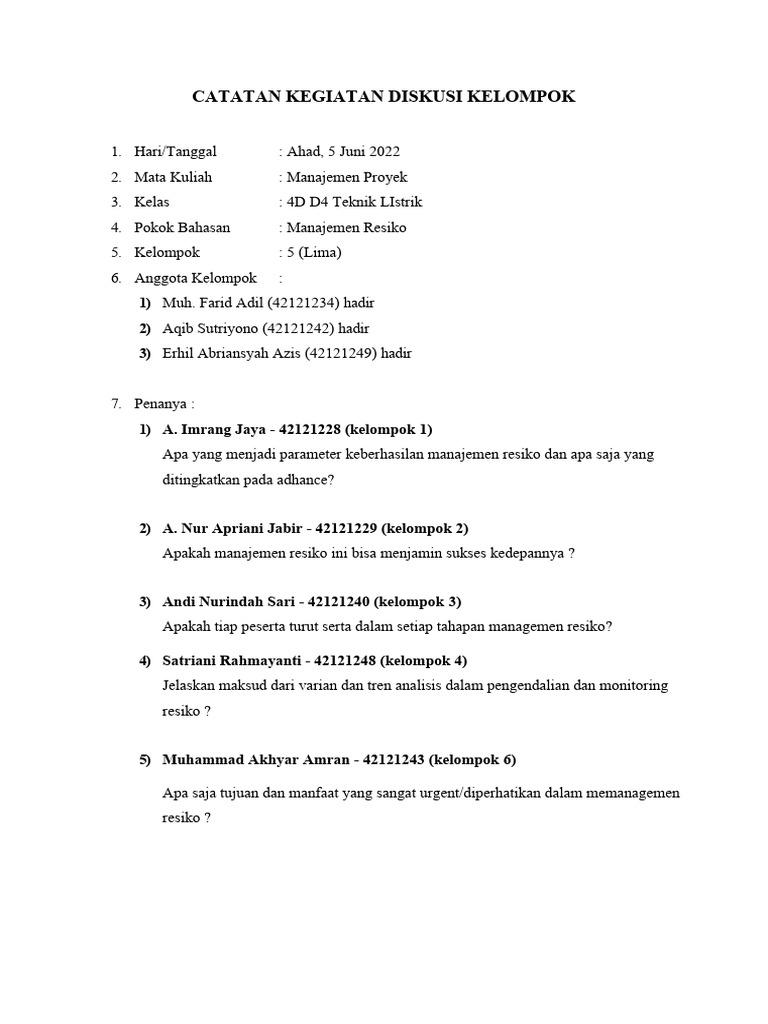 Catatan Kegiatan Diskusi Manajemen Proyek Kelompok 5 (4D) | PDF | Bisnis