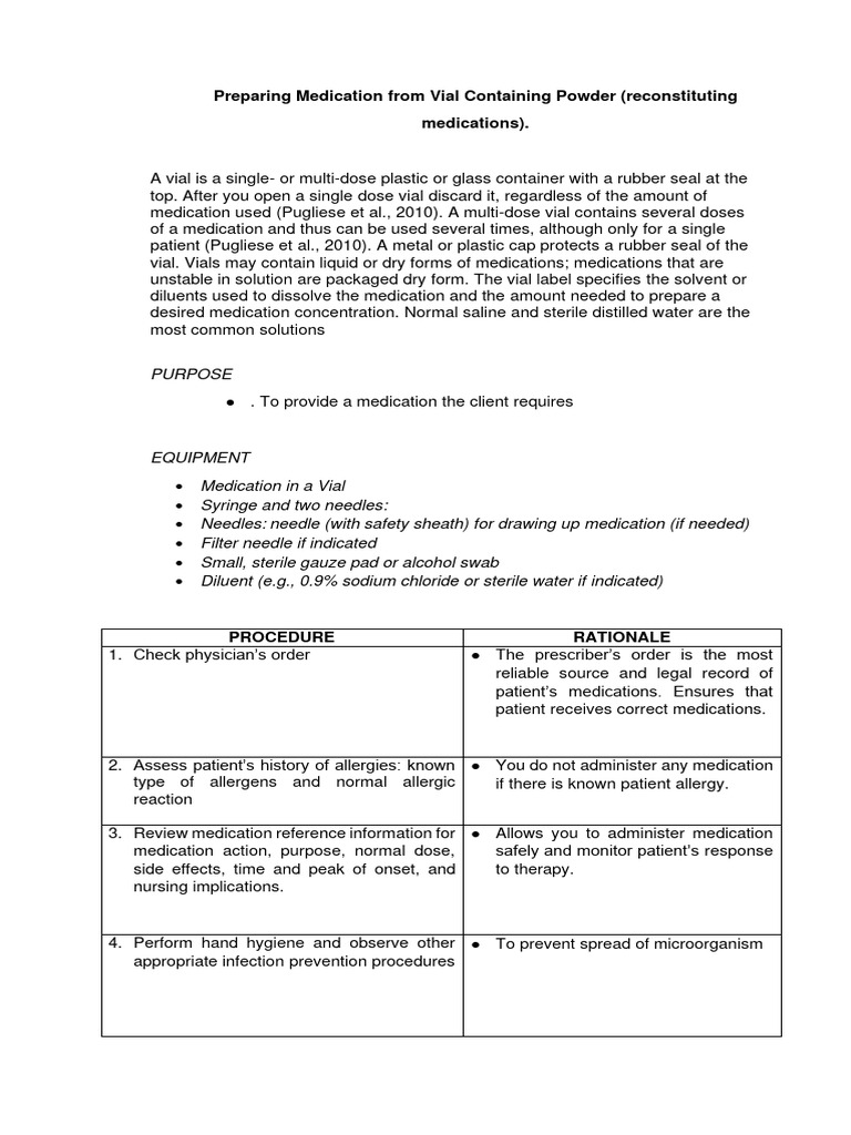 Preparing Medication From Vial Containing Powder | PDF