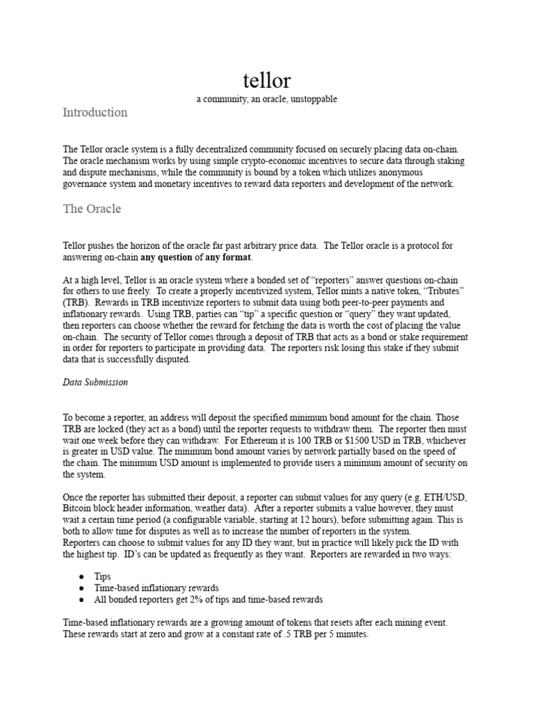 Tellor Oracle: TRB Token & Data Mechanism | PDF | Bitcoin | Bonds (Finance)
