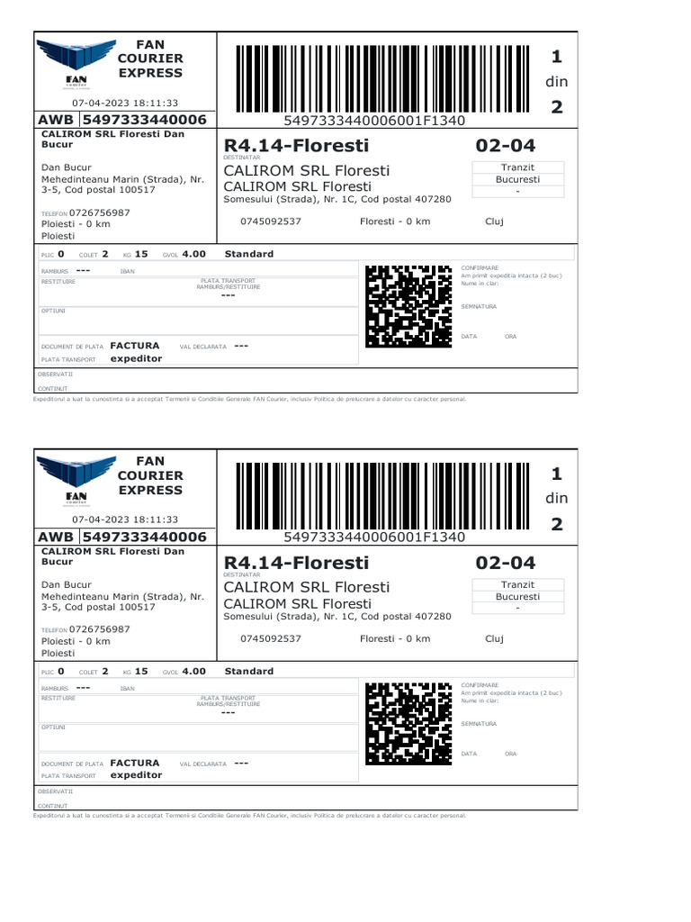 FAN Courier Express: CALIROM SRL Floresti Dan Bucur | PDF