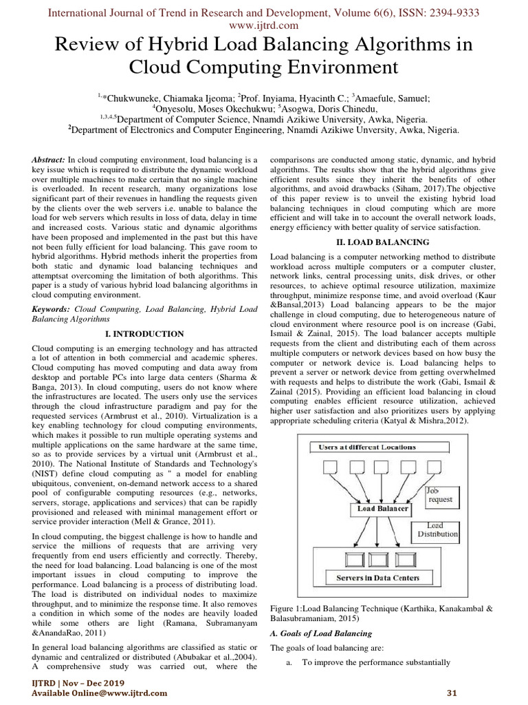 Review of Hybrid Load Balancing Algorithms in Cloud Computing Environment | PDF