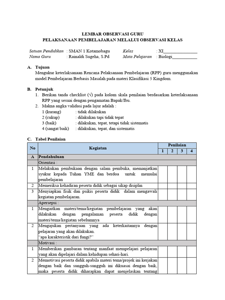 Lembar Observasi Guru PBL | PDF