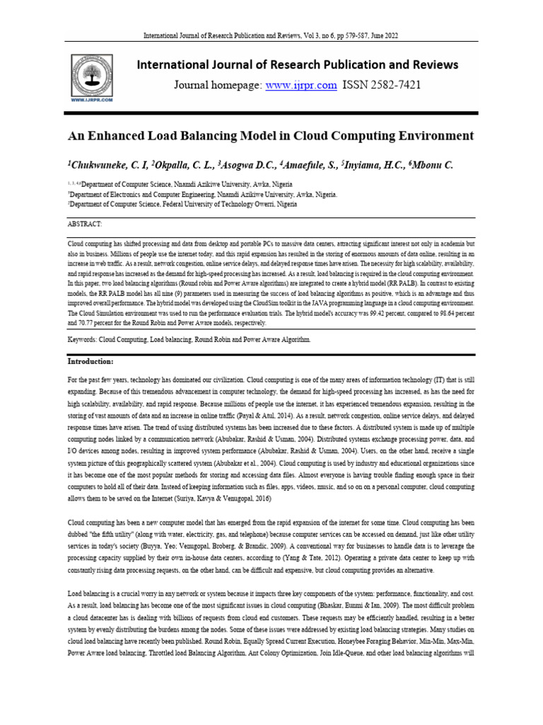An Enhanced Load Balancing Model In Cloud Computing Environment Pdf