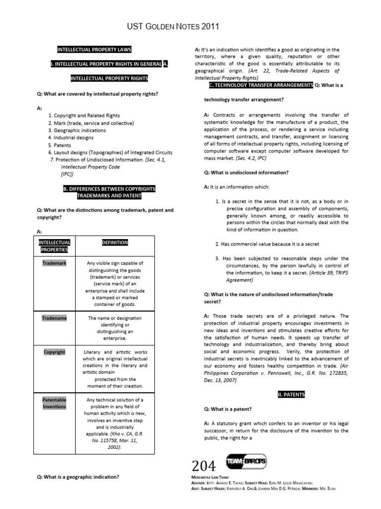 UST Golden Notes Intellectual Property Law | PDF | Glossary Of Patent ...