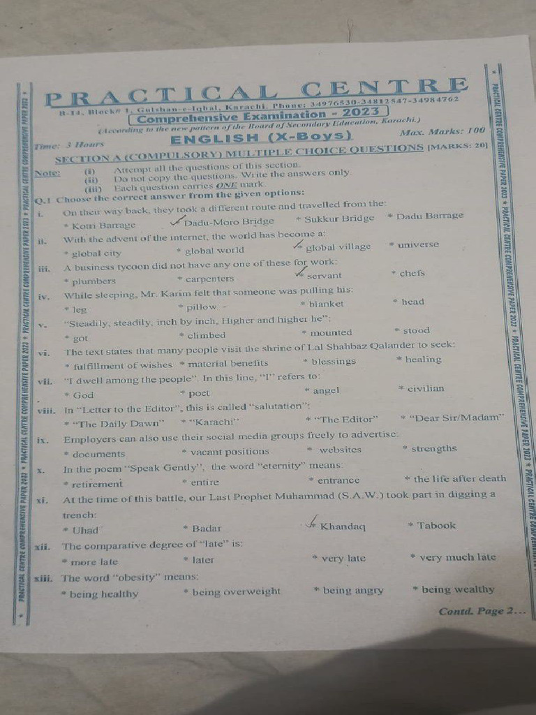 10th Class PC English Comprehensive Paper 2023 With 100% Solved Mcqs | PDF