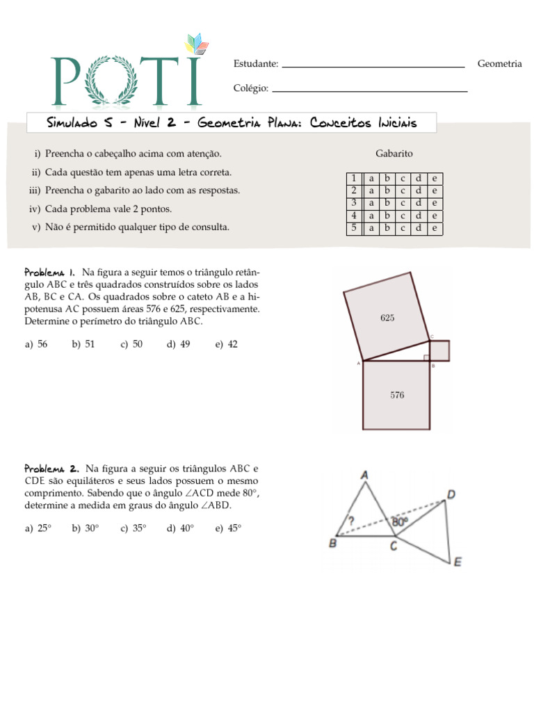 Nivel 2 Geometria Simulado Geometria Plana Resolvido | PDF | Triângulo | Geometria Euclidiana