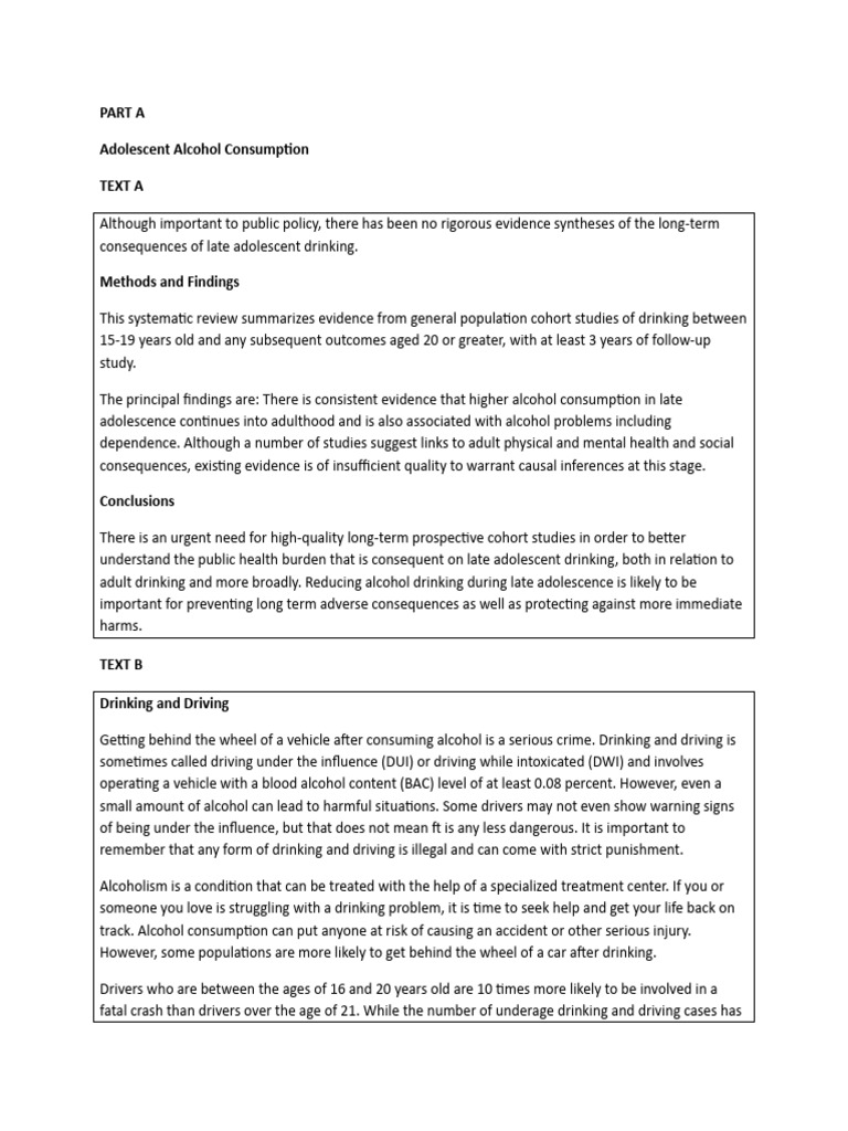Reading Test - Adolescent Alcohol Consumption | PDF