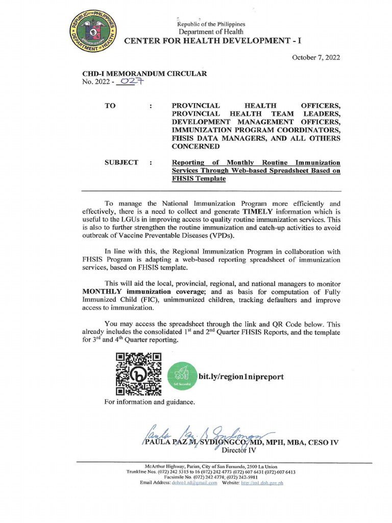 CHD I Memo Circular 2022 027 Reporting of Monthly Routine Immunization Services Through Web ...