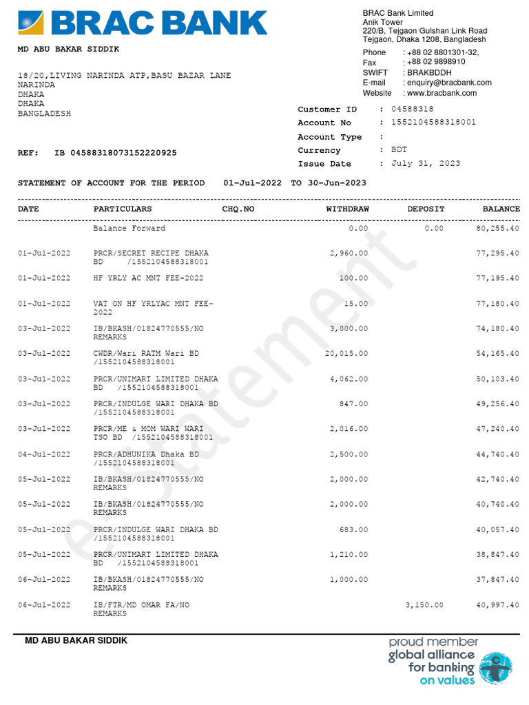 BRAC Bank Statement 31072023 | PDF | Services (Economics) | Money