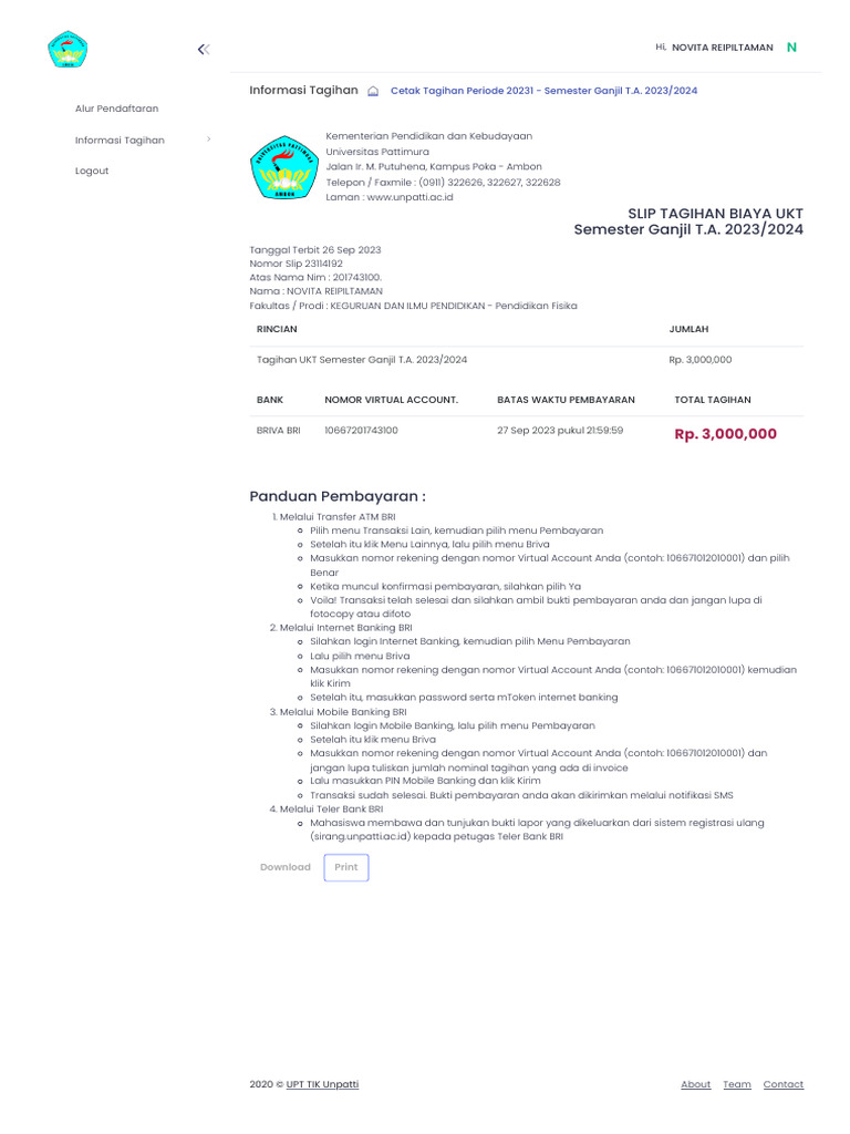 Slip Tagihan Biaya Ukt Semester Ganjil T.A. 2023/2024 | PDF