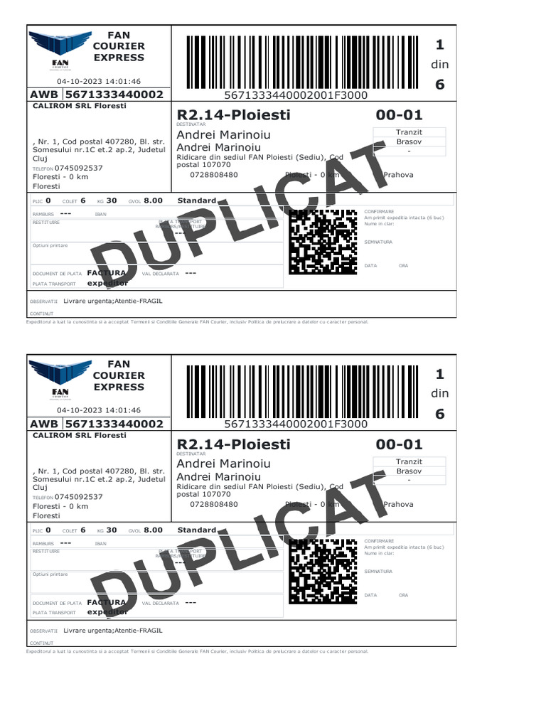 FAN Courier Express: CALIROM SRL Floresti | PDF