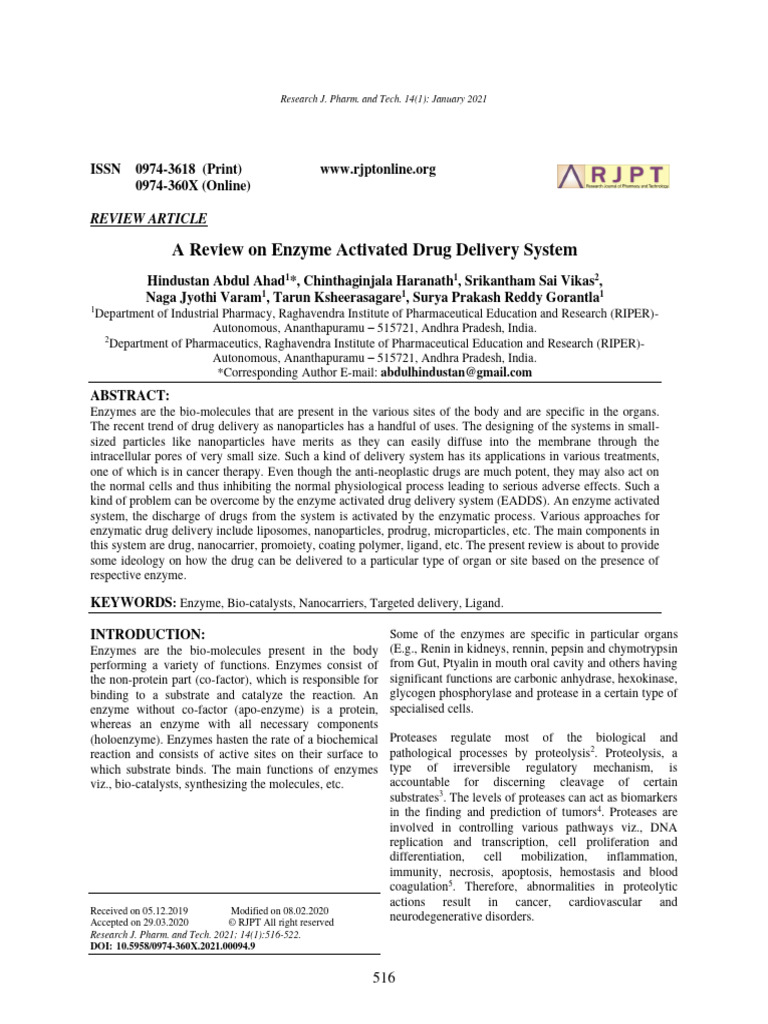 A Review On Enzyme Activated Drug Delivery System | PDF