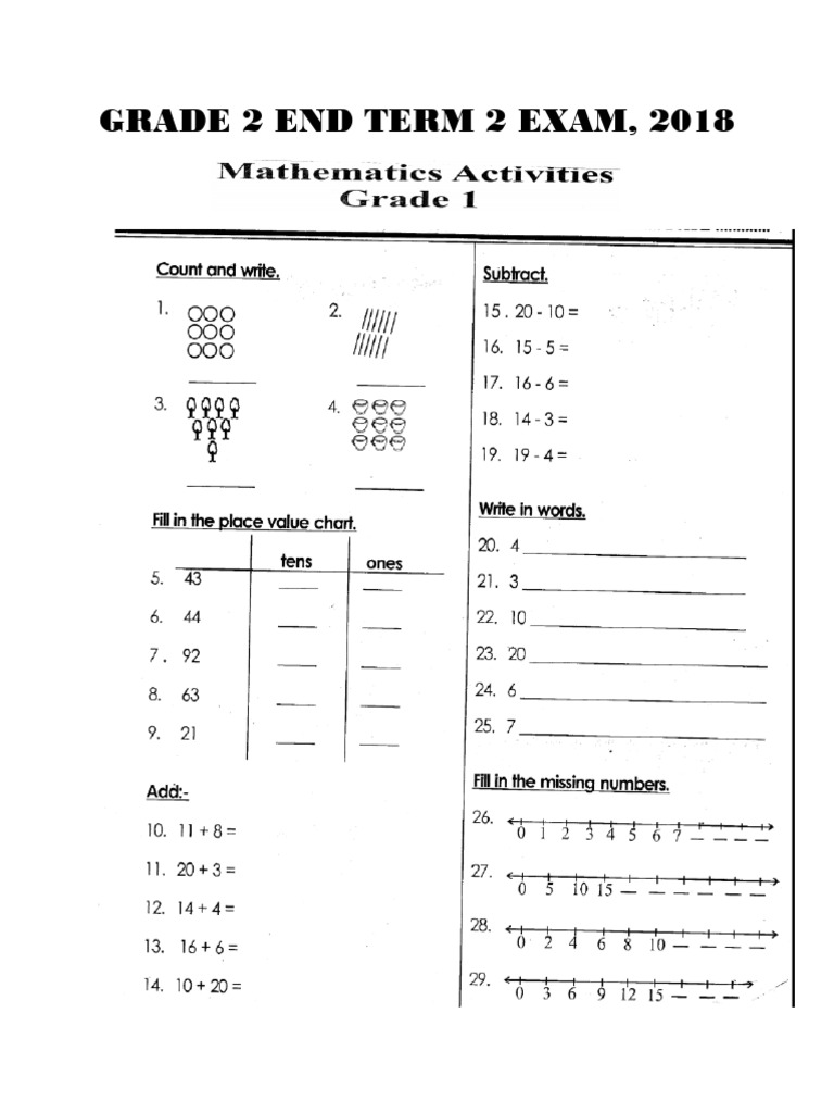 Mathematics Activities Grade 1 End Term 2 Exam 2018 | PDF
