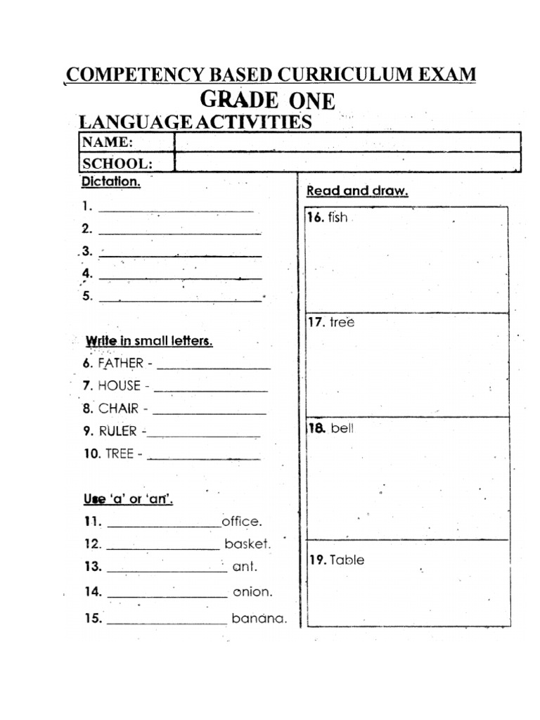Language Activities Grade 1 End Term 3 Exam 2018 | PDF
