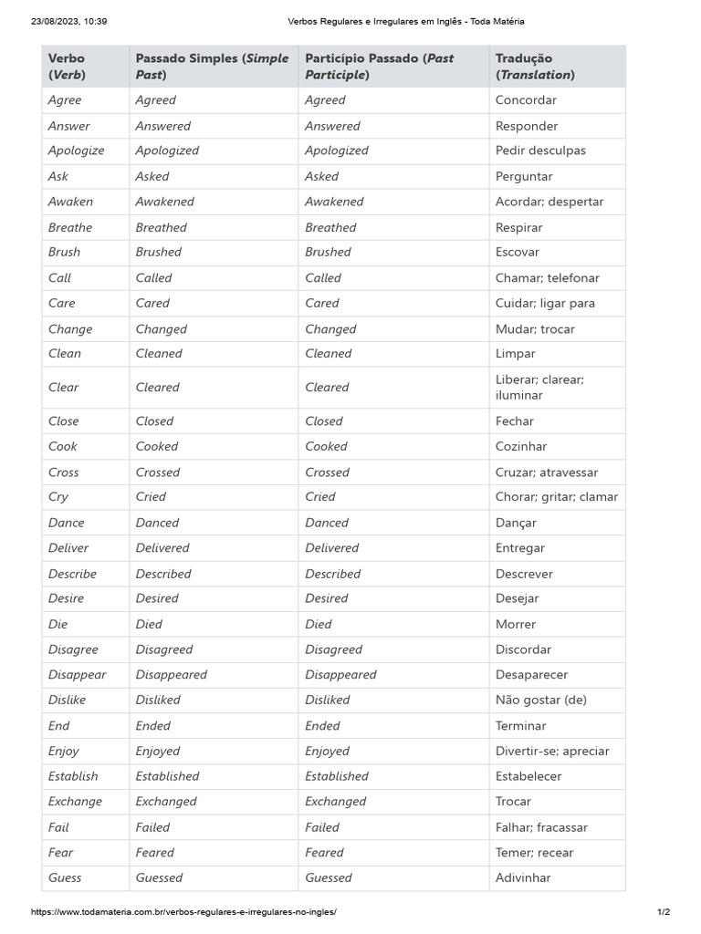 Verbos Regulares E Irregulares Em Inglês Toda Matéria 2 Pdf