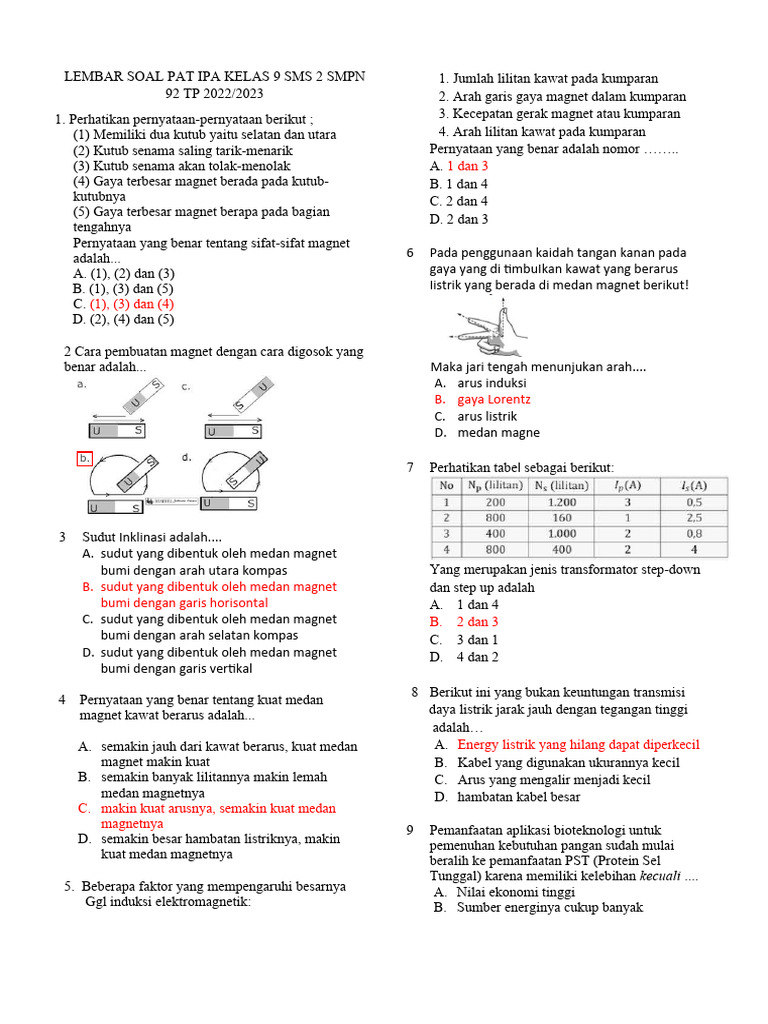 Kunci Jawaban Lembar Soal Pat Ipa Kelas 9 Sms 2 TP 2023 | PDF | Sains & Matematika