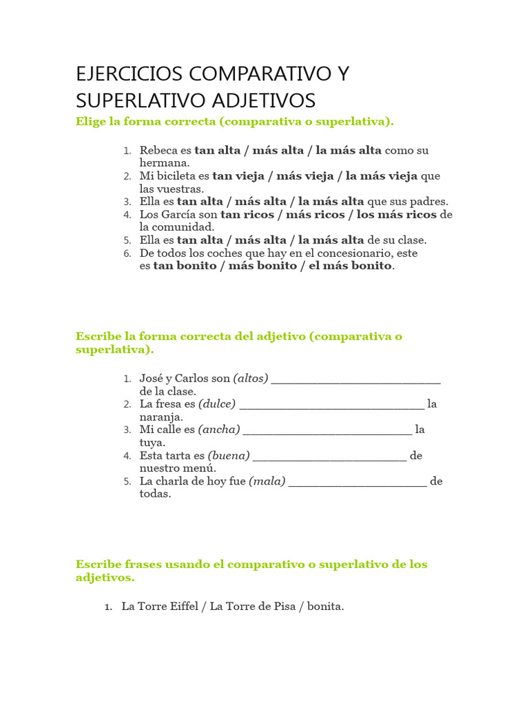 Ejercicios Comparativo y Superlativo Adjetivos | PDF