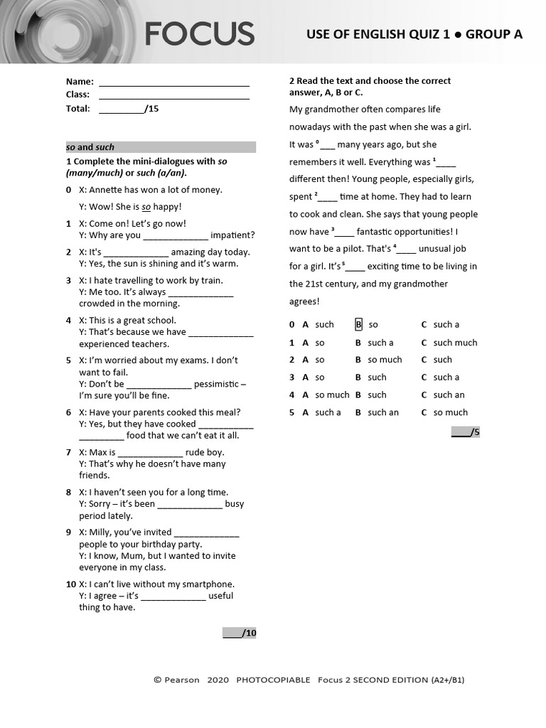 English Quiz: So vs. Such | PDF