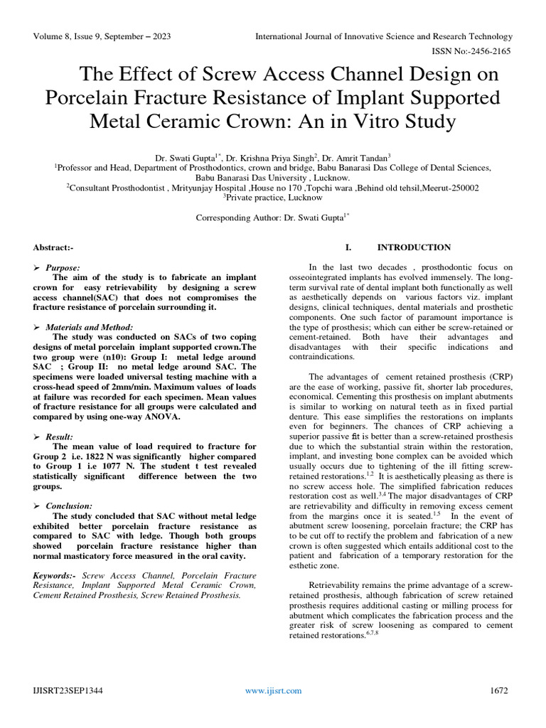 The Effect of Screw Access Channel Design On Porcelain Fracture ...