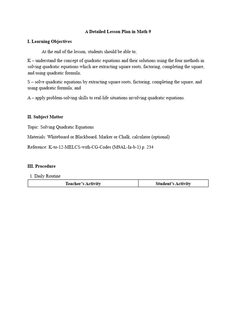 Quadratic Equations Lesson Plan | PDF | Quadratic Equation | Equations