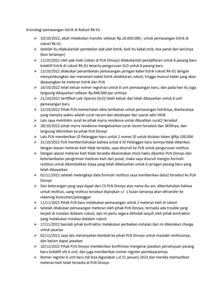 Kronologi Pemasangan Listrik Di Rukost RK-01 | PDF | Teknologi & Rekayasa