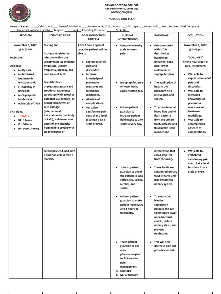 Nursing Care Plan for Acute Cystitis | PDF