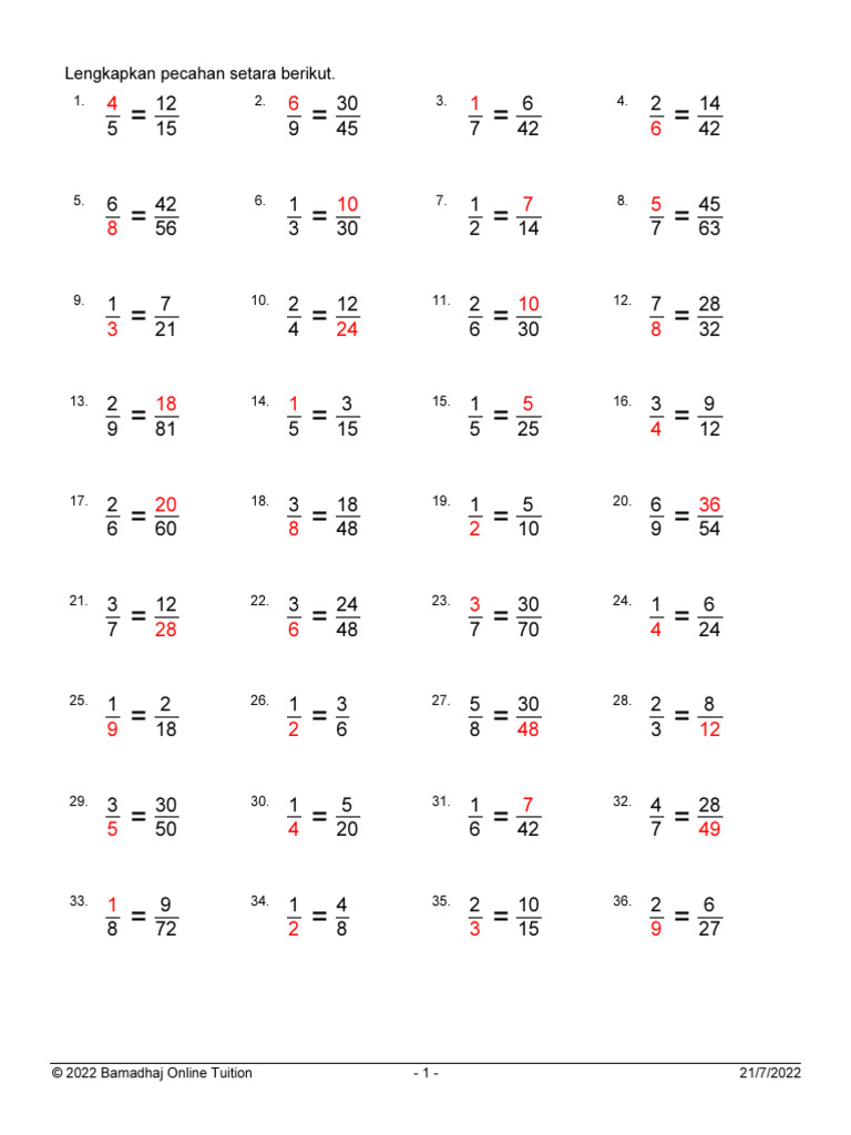 Pecahan Setara: Latihan Matematik | PDF