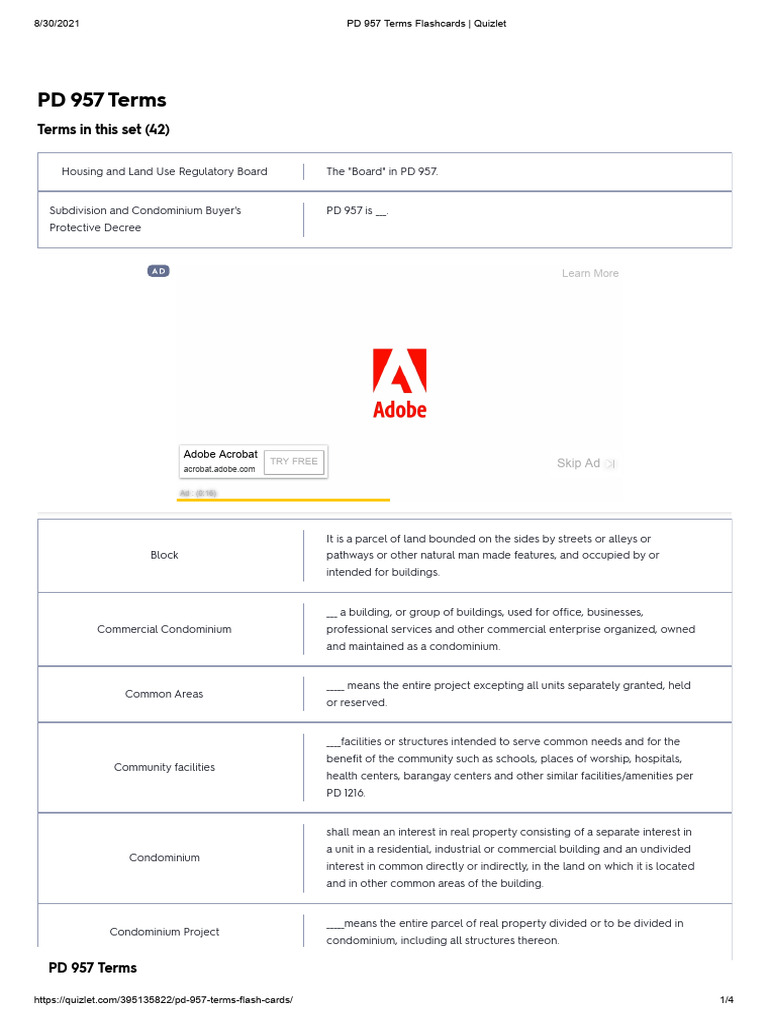 PD 957 Terms Flashcards Overview | PDF | Cremation | Condominium