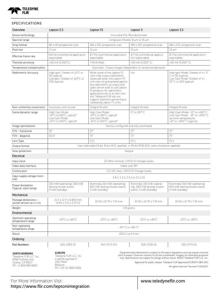FLIR Lepton Model Comparison Sheet | PDF