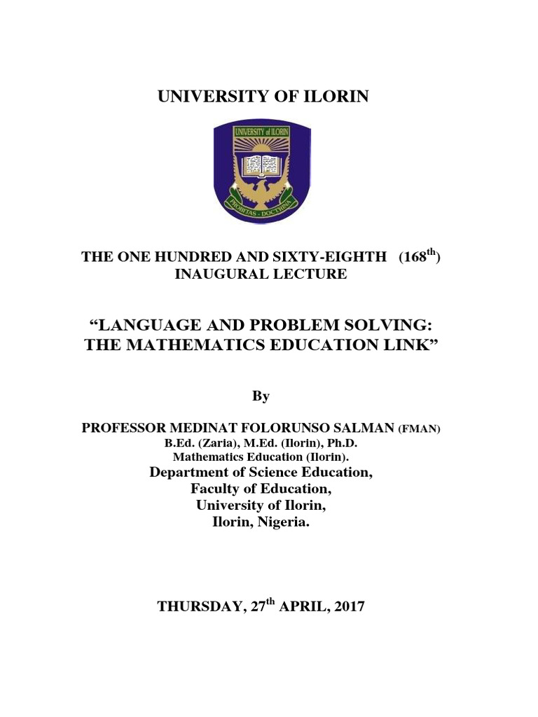 University of Ilorin: The One Hundred and Sixty-Eighth (168) Inaugural Lecture | PDF