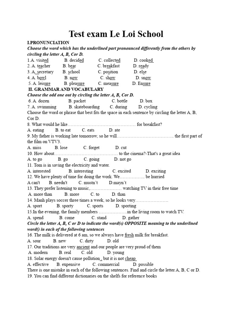 Test Exam Le Loi School | PDF