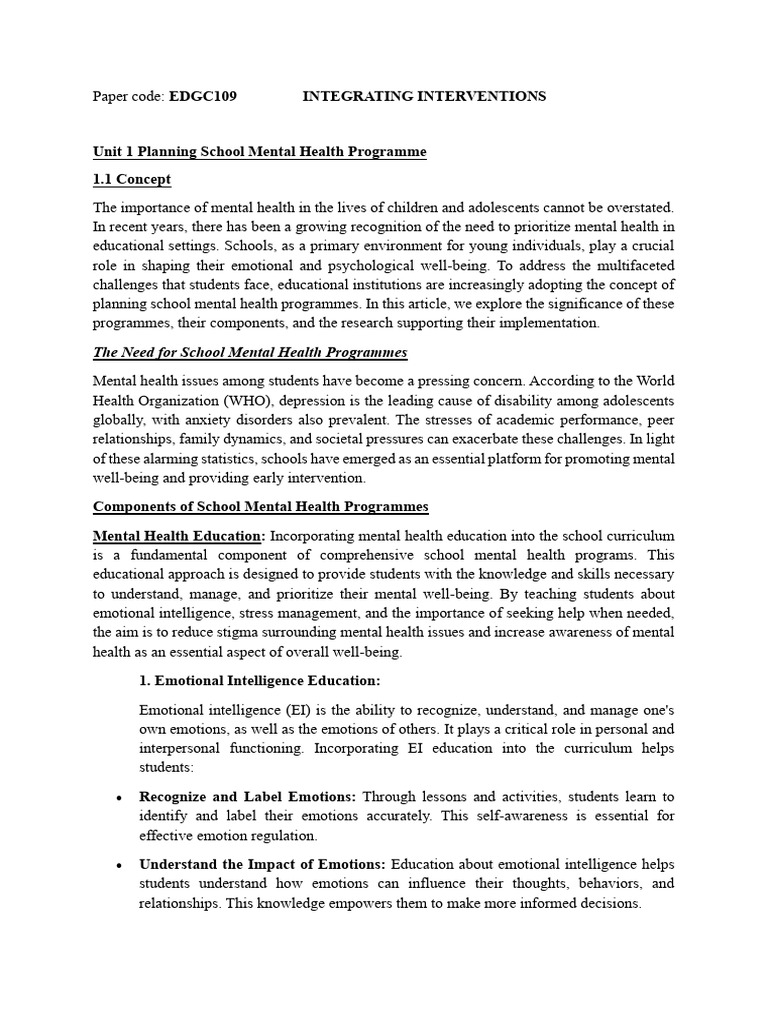 Paper3- Unit 1 Planning School Mental Health Programme | PDF