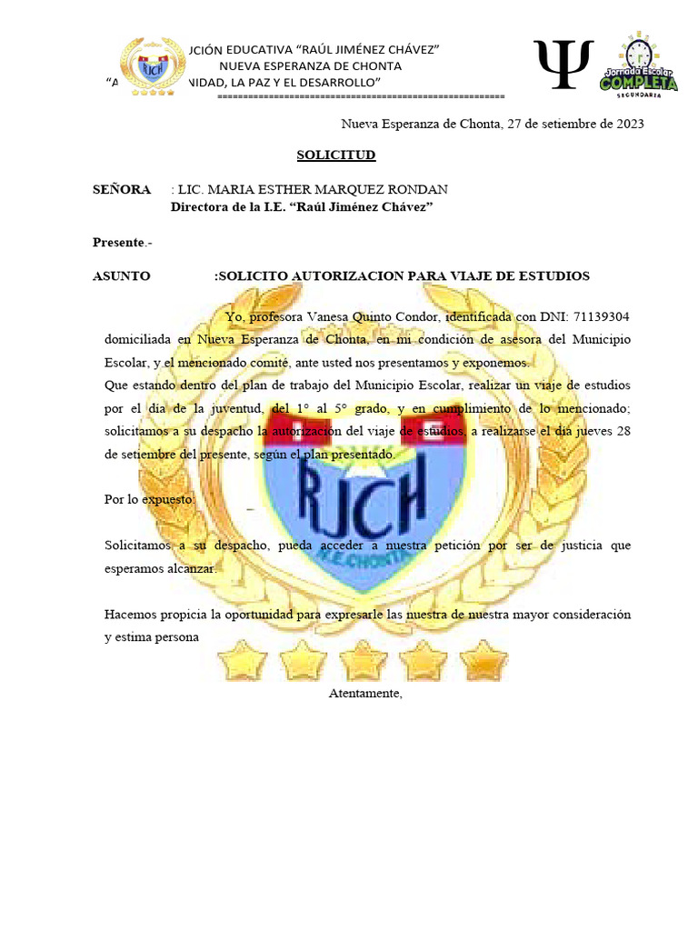 Solicitud Autorizacion Viaje de Estudios | PDF Solicitud Autorizacion Viaje de Estudios | PDF