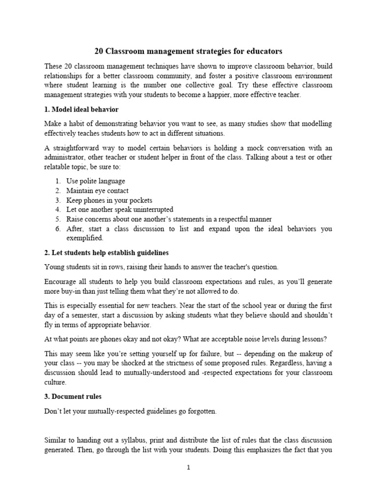20 Classroom Management Strategies For Educators | PDF