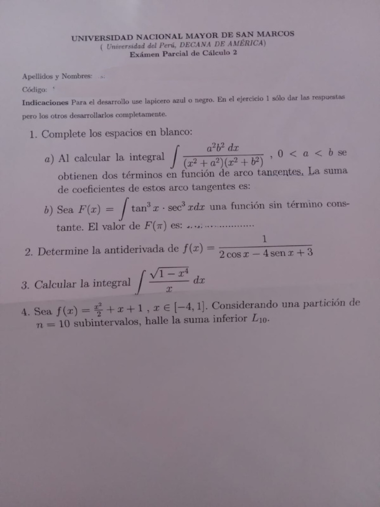 Examen Parcial de Calculo 2 Unmsm | PDF