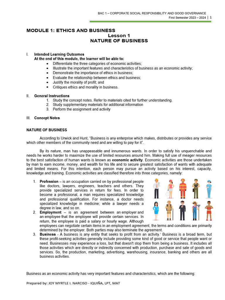 Module 1: Ethics and Business Lesson 1 Nature of Business | PDF | Business