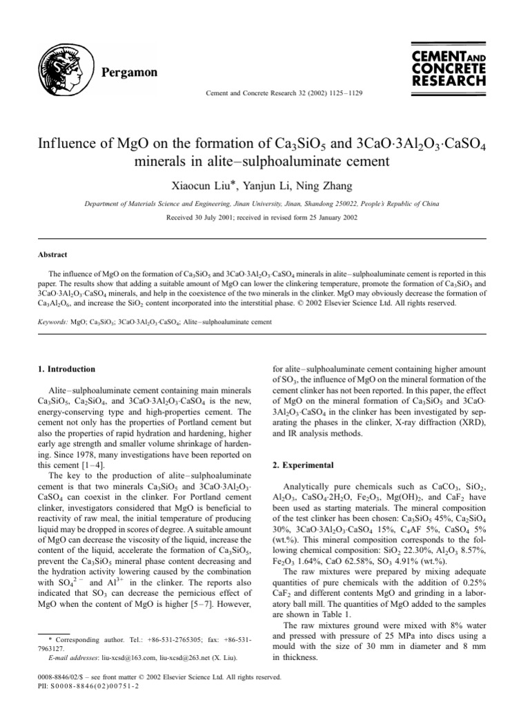 Influence of MgO On The Formation of Ca3SiO5 and 3CaO 3Al2O3 CaSO4 ...