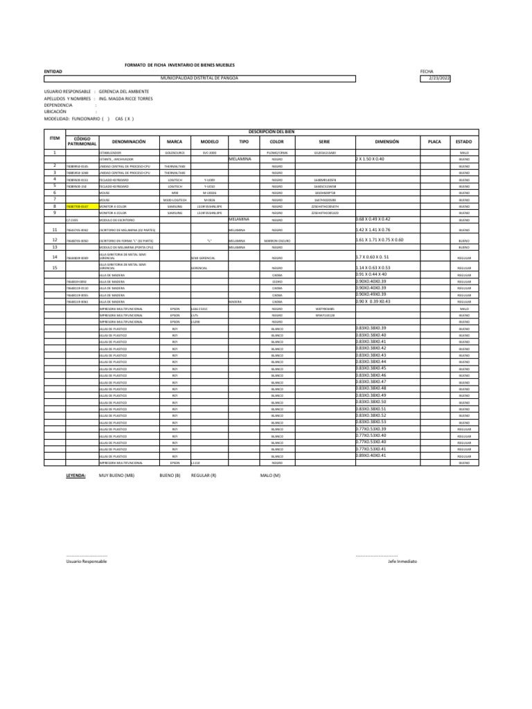 Formato de Ficha de Inventario - Gerencia Ambiente 2022 | PDF