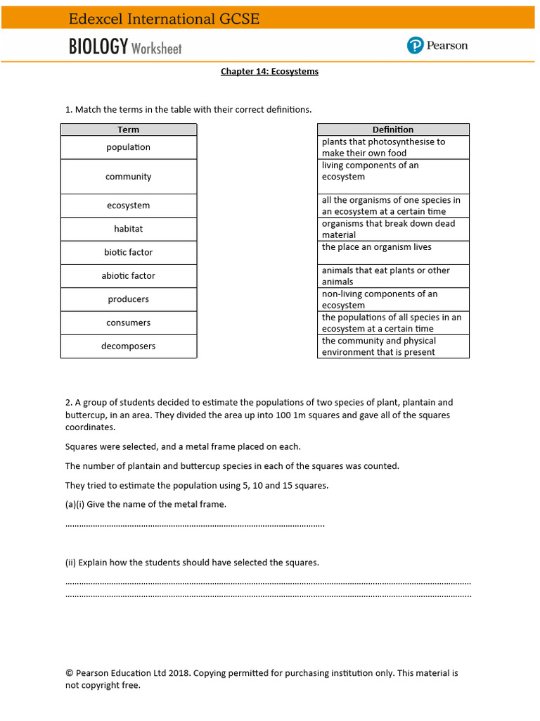 IGCSE Bio Worksheet 14 Ecosystems | PDF