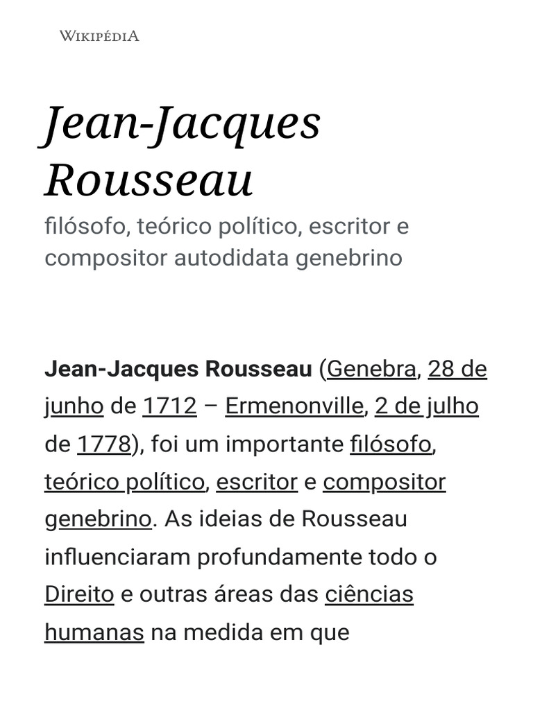 Jean-Jacques Rousseau - Wikipédia, A Enciclopédia Livre | PDF | Filosofia