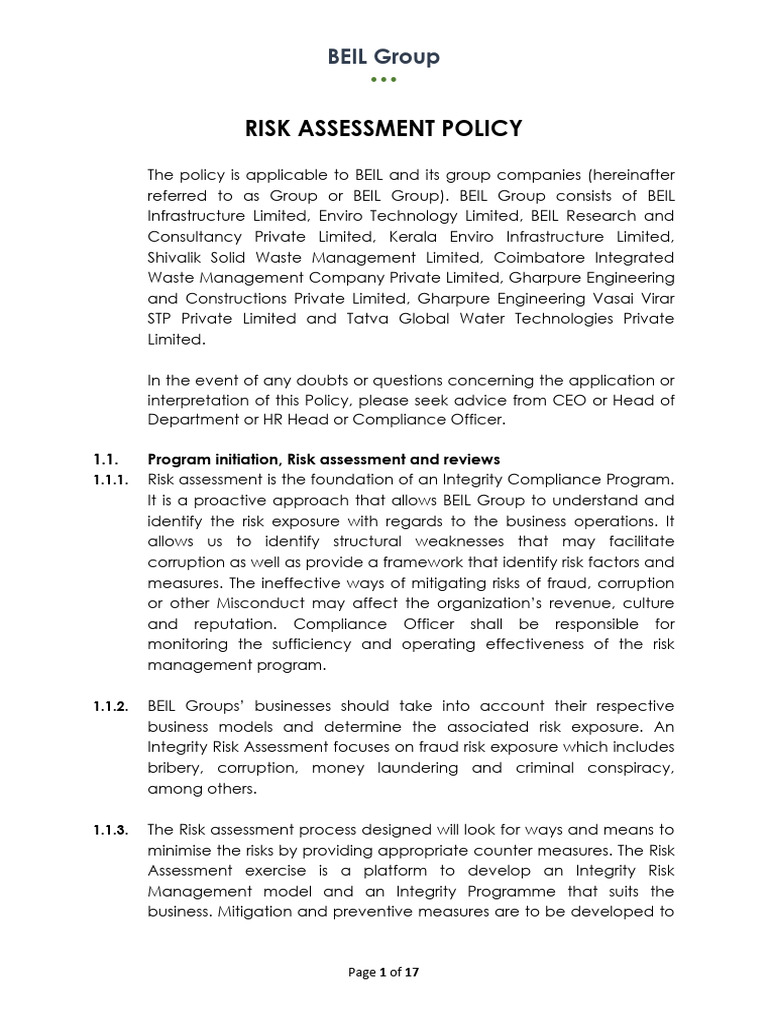 Risk Assessment Policy | PDF