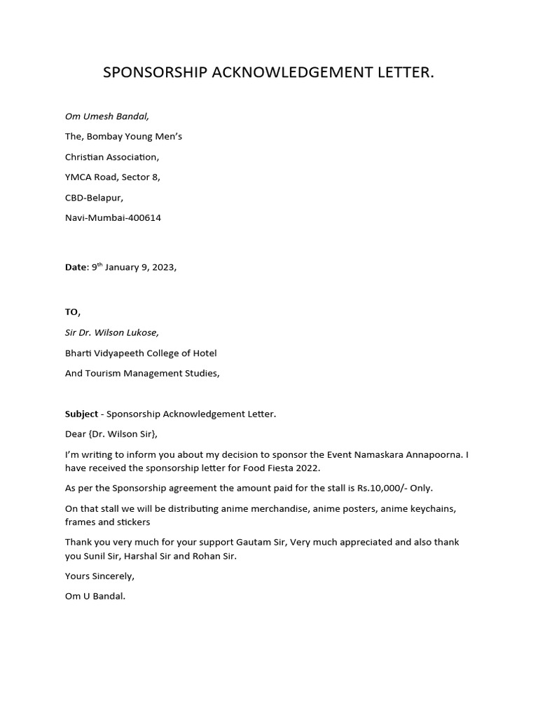 Sponsorship Acknowledgement Letter | PDF