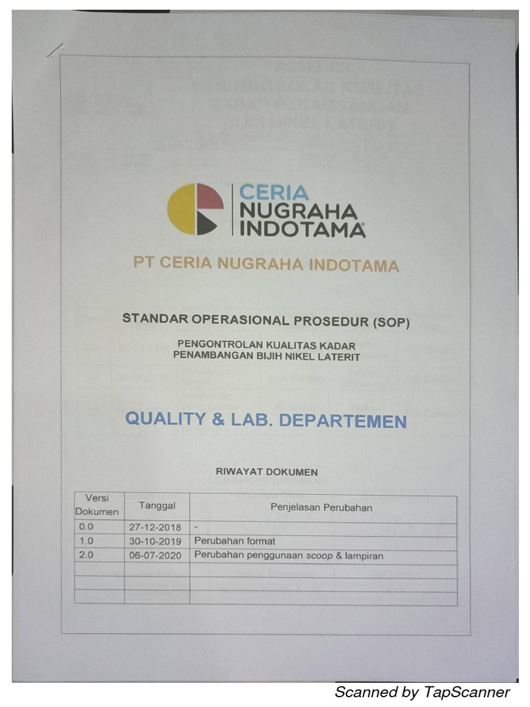 Sop Pengontrolan Kualitas Kadar Penambangan Bijih Nikel | PDF