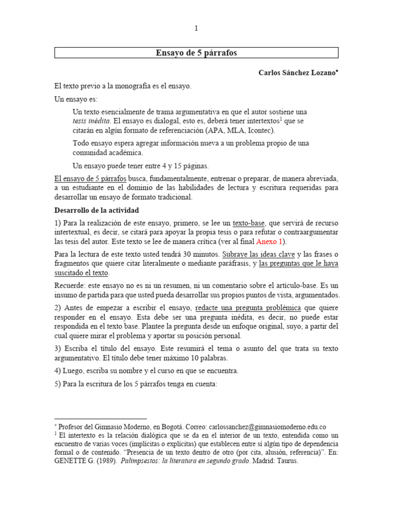 Ensayo 5 Cinco Parrafos-Carlos Sánchez Lozano | PDF | Artes del ...