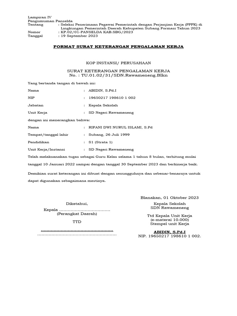 Lampiran IV Format Surat Keterangan Bekerja | PDF