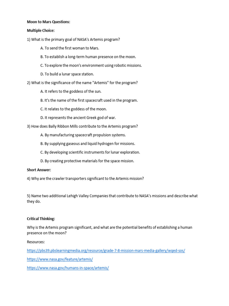 Moon To Mars Questions Final | PDF