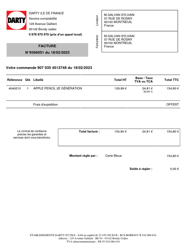 Facture Apple Pencil Darty | PDF