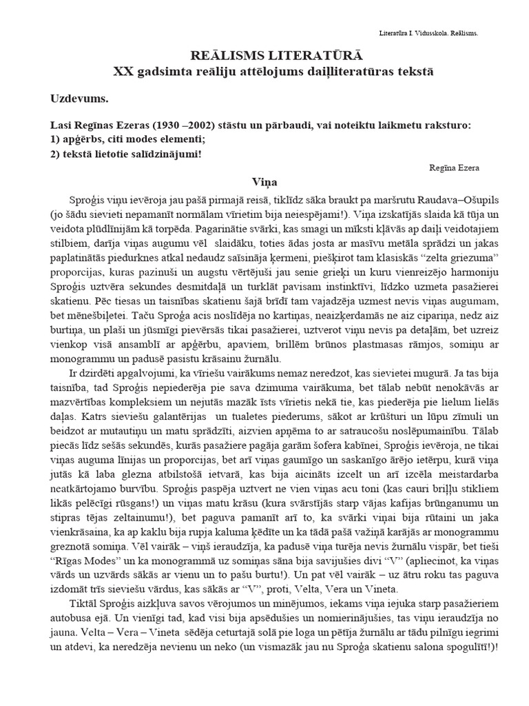 R Ezera Viņa 11kl Reālisms | PDF