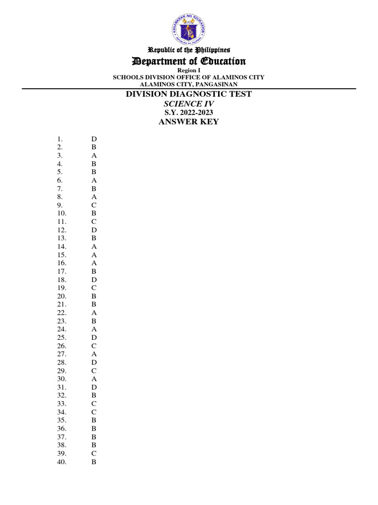 Science 4 Division Diagnostic Test Answer Key 2022 2023 Pdf