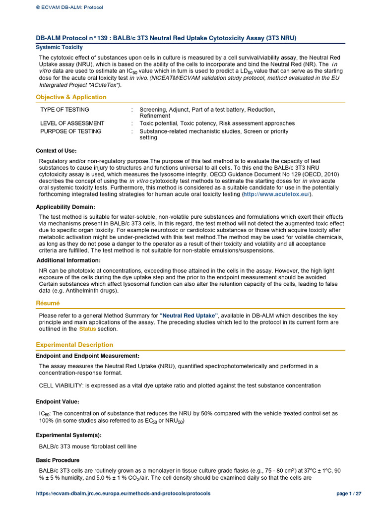 139 - P - BALBc 3T3 Neutral Red Uptake Cytotoxicity Assay | PDF ...